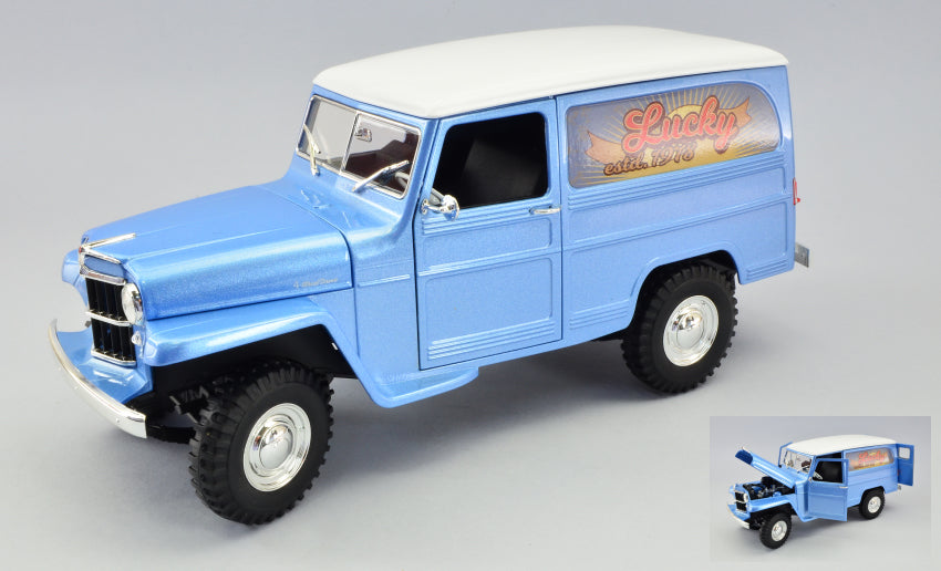 WILLYS JEEP VAN LUCKY EST.1978 LIGHT BLUE METALLIC W/WHITE ROOF 1:18 ...